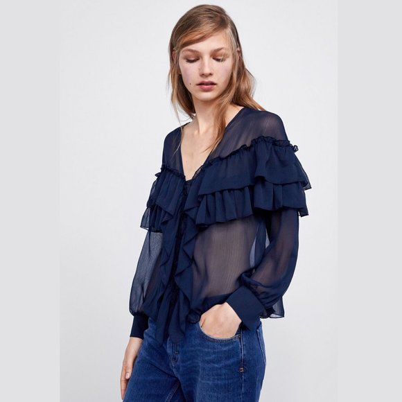 Zara | Tops | Zara Semisheer Blouse With Ruffles | Poshmark